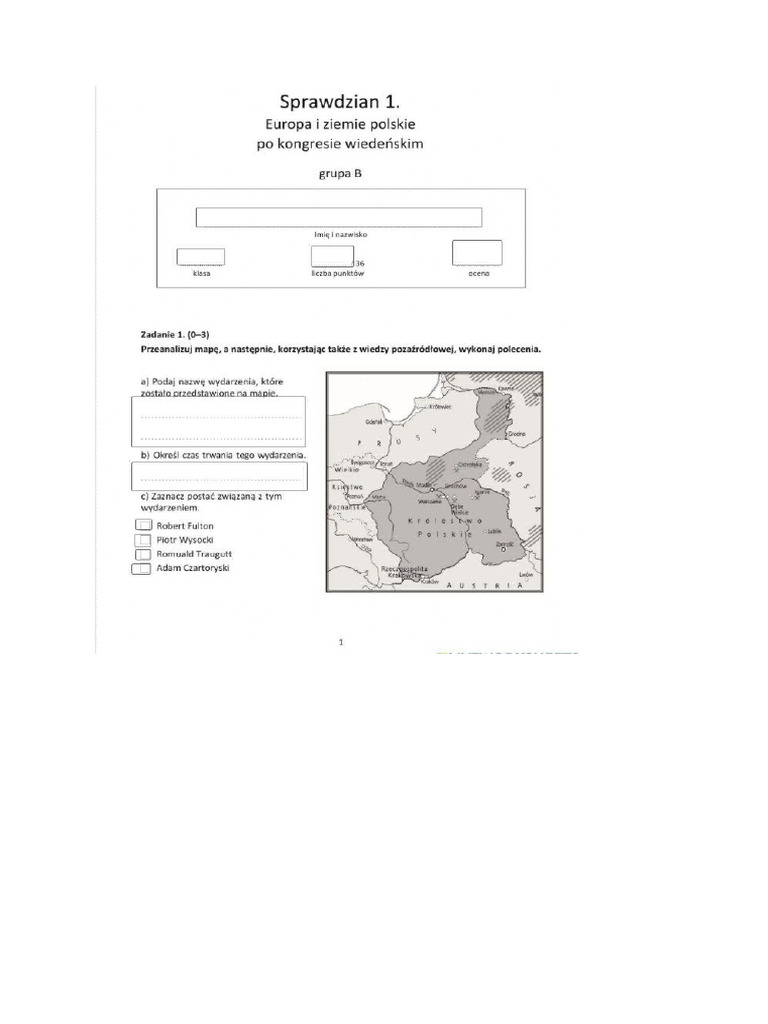 Sprawdzian 1 GWO Klasa VII Historia Europa I Ziemie Polskie Po Kongresie Wiedeńskim | PDF
