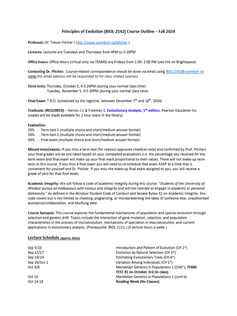 BIOL2142 (F2024) Course Outline | PDF