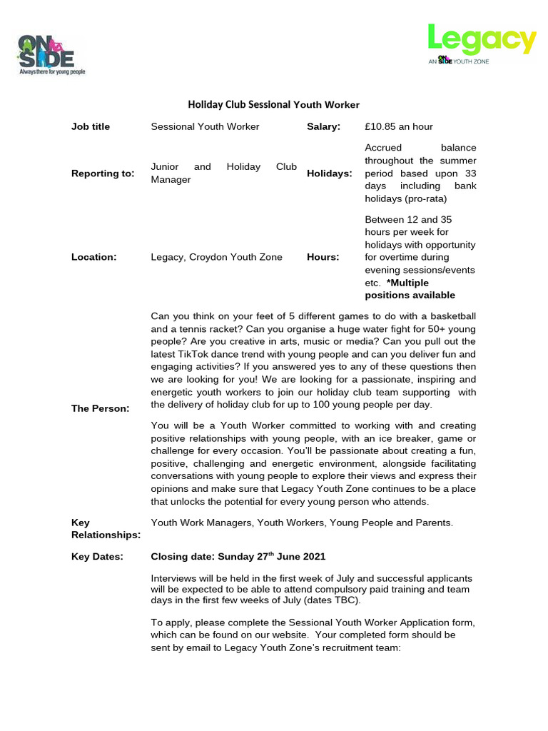 Legacy Youth Zone Holiday Club Sessional Youth Worker | PDF