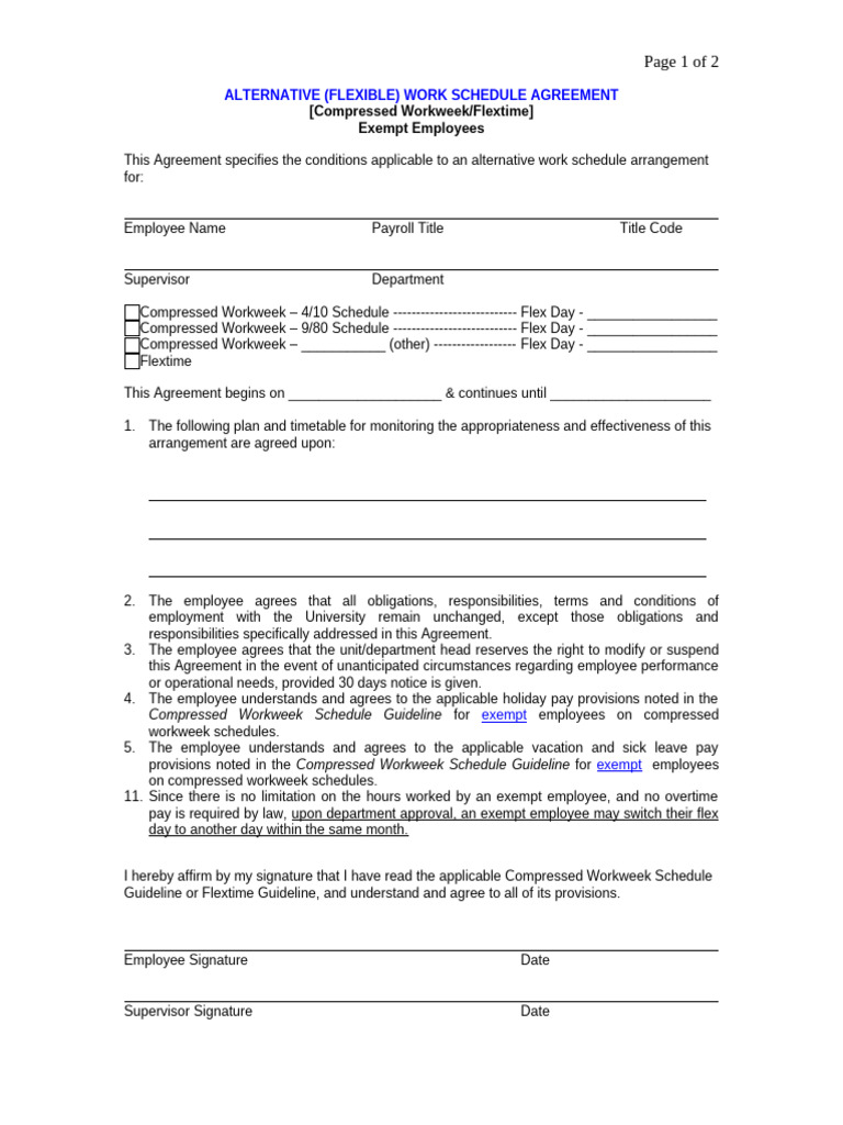 Alternative Work Schedule Agreement Exempt | PDF