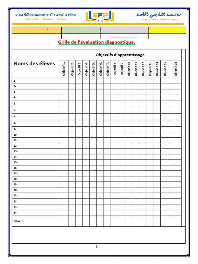 Grille de l'evaluation diagnostique.. | PDF