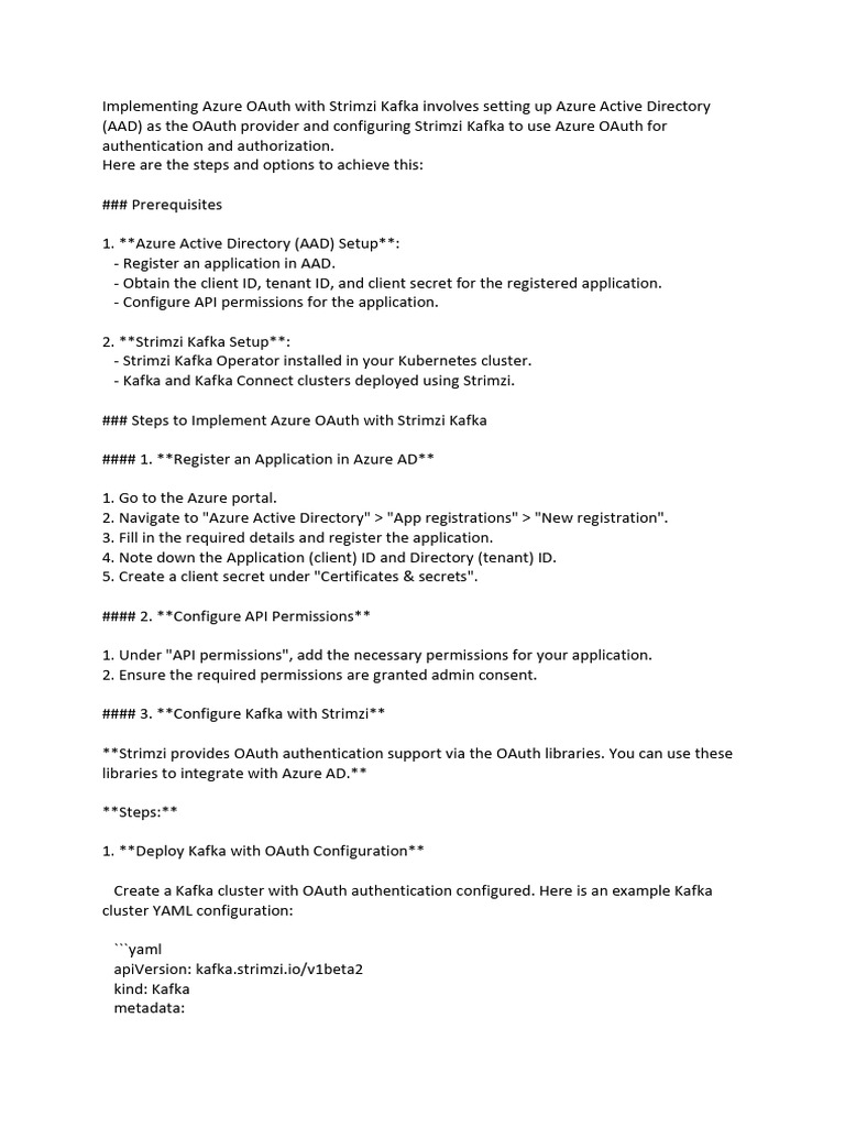 Implementing Azure Oauth With Strimzi Kafka Involves Setting Up Azure Active Directory Pdf