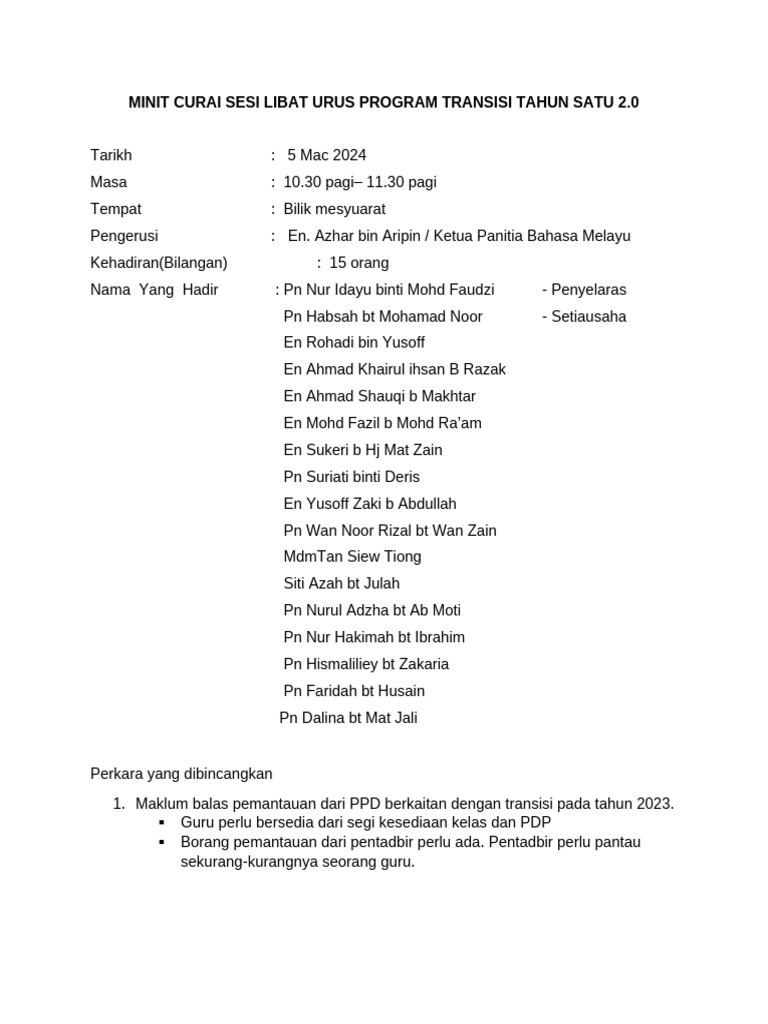 Minit Curai Sesi Libat Urus Program Transisi Tahun Satu 2 | PDF