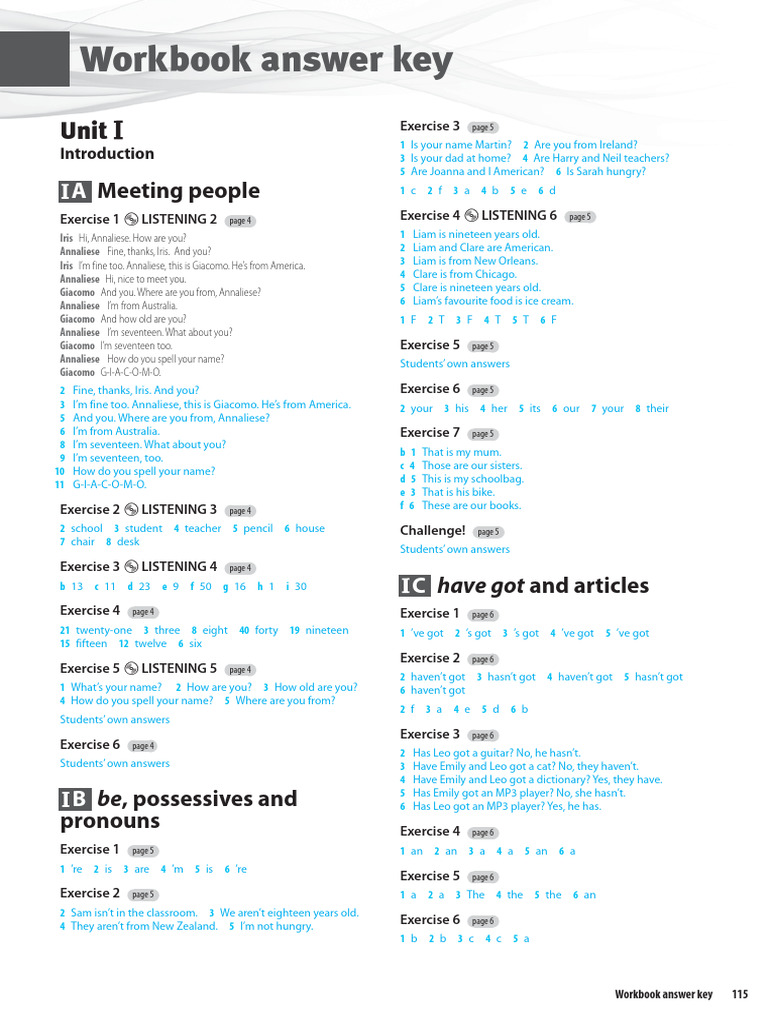 1º Workbook Answer Key | PDF