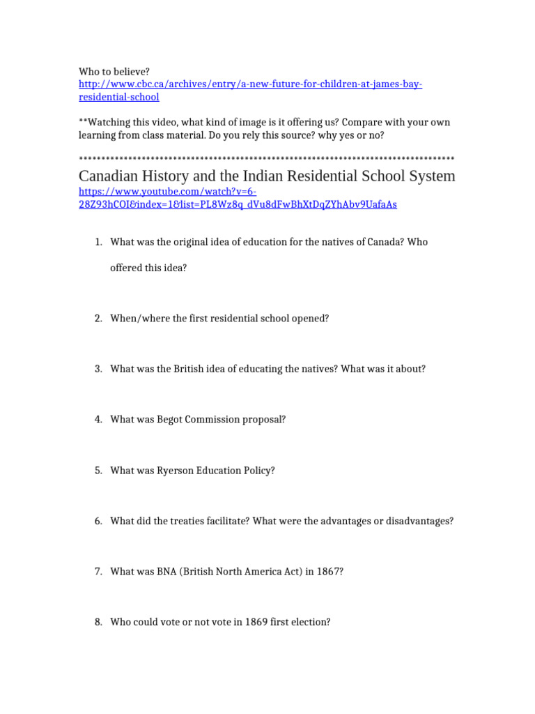 Questions Video Canadian History and The Indian Residential School ...