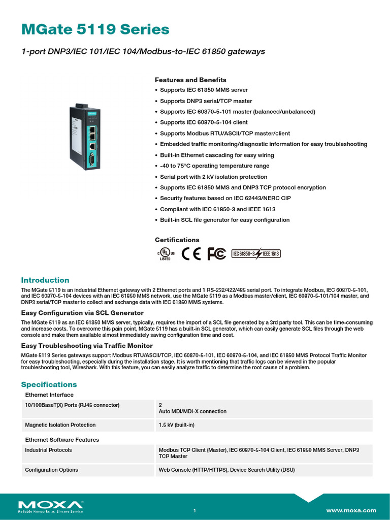 Moxa Mgate 5119 Series Datasheet v1.0 | PDF