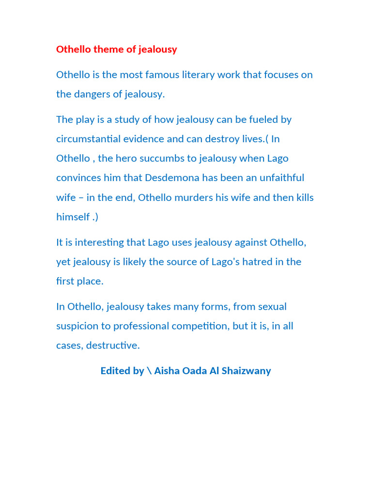 Othello Theme of Jealousy | PDF