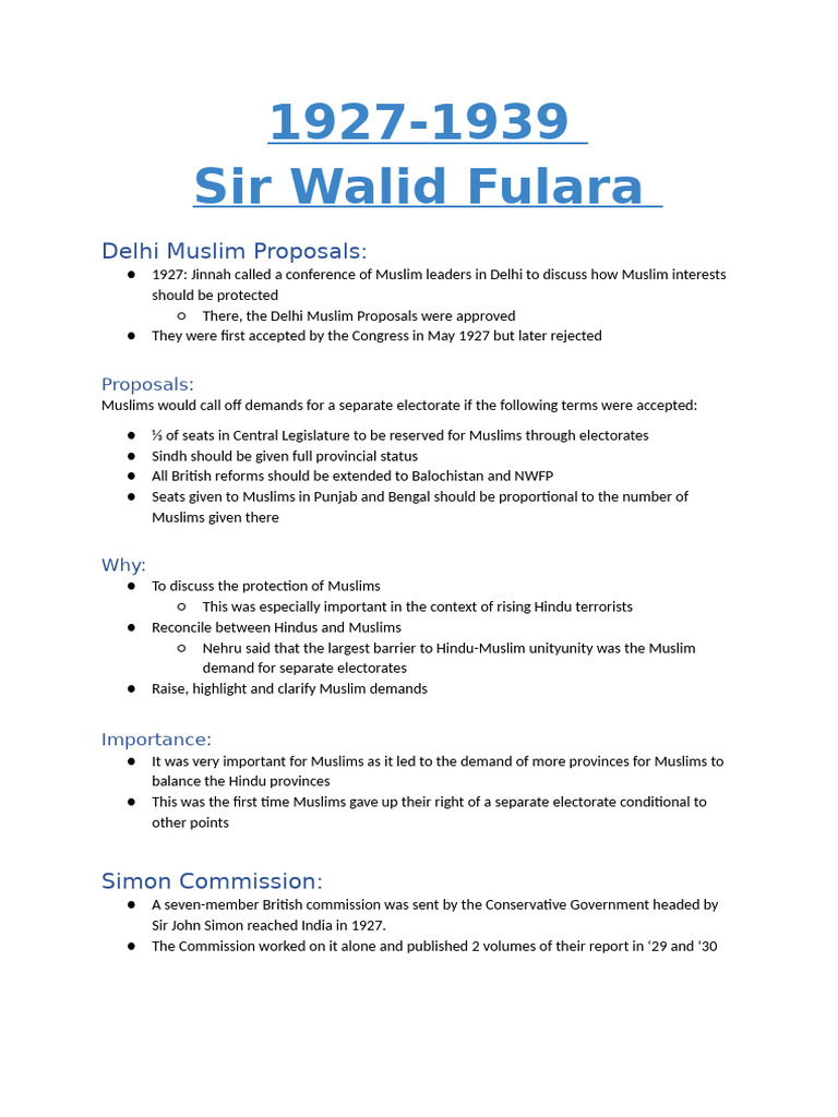 Development Of Pakistan Movement Between 1927 To 1939 | PDF