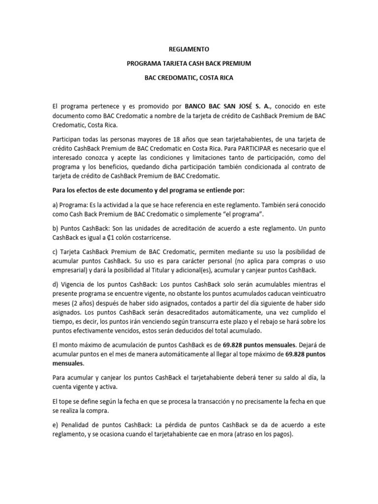 REGLAMENTO DEL PROGRAMA CASH BACK PREMIUM BAC CREDOMATIC - Junio 2022 v.1 | PDF