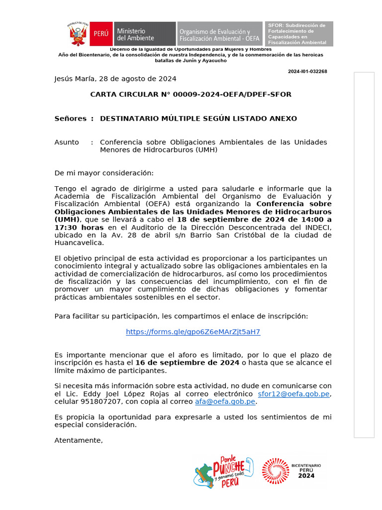 Carta Circular #0009-2024-Oefa-Dpef-Sfor | PDF