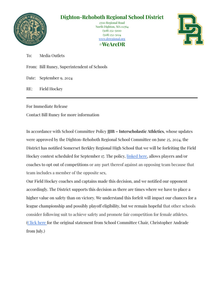 Dighton - Rehoboth Forfeit Letter | PDF