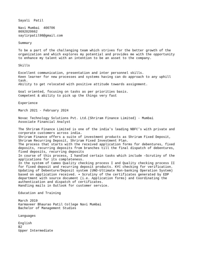 Sayali Patil Resume | PDF | Career & Growth