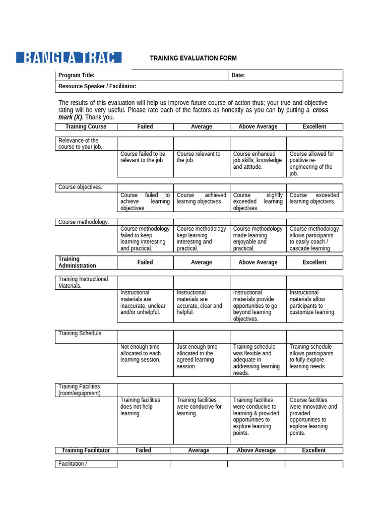 Training Evaluation Form (Bangla Trac) | PDF