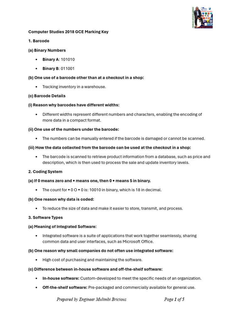Computer Studies 2018 GCE Marking Key | PDF