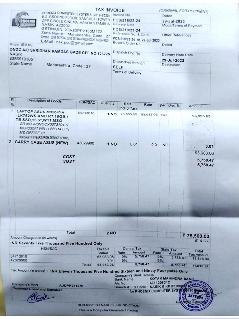 Asus Laptop Bill | PDF