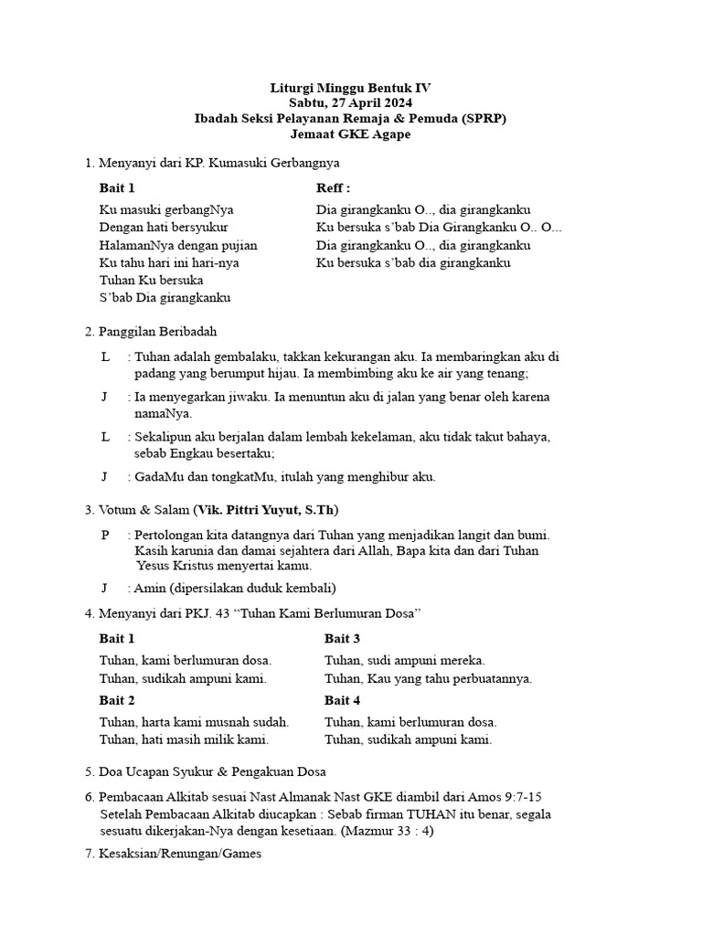 Liturgi Ibadah Minggu Bentuk IV (SPRP Agape) Revisi | PDF