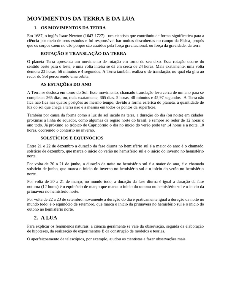 Os Movimentos Da Terra e Lua | PDF | Terra | Ciências e Matemática