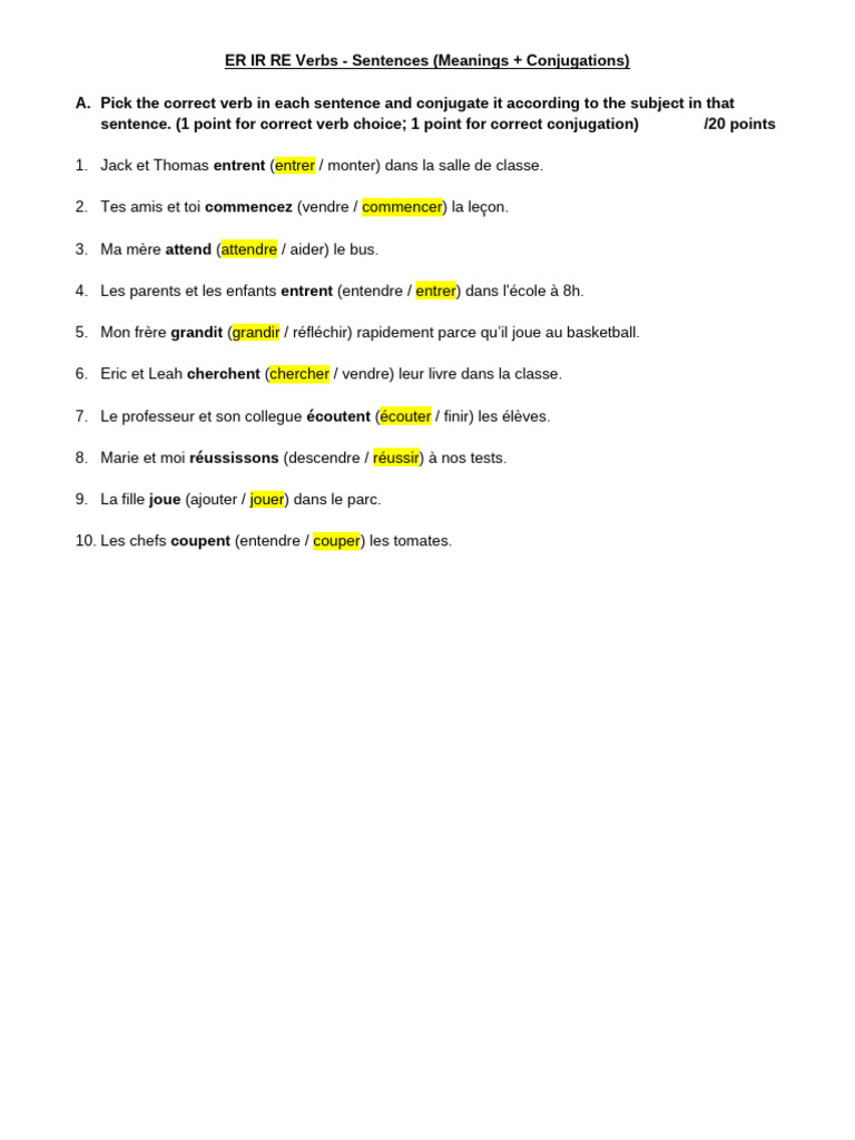 ER IR RE Verbs - Sentences (Meanings + Conjugations) - Answer Key | PDF