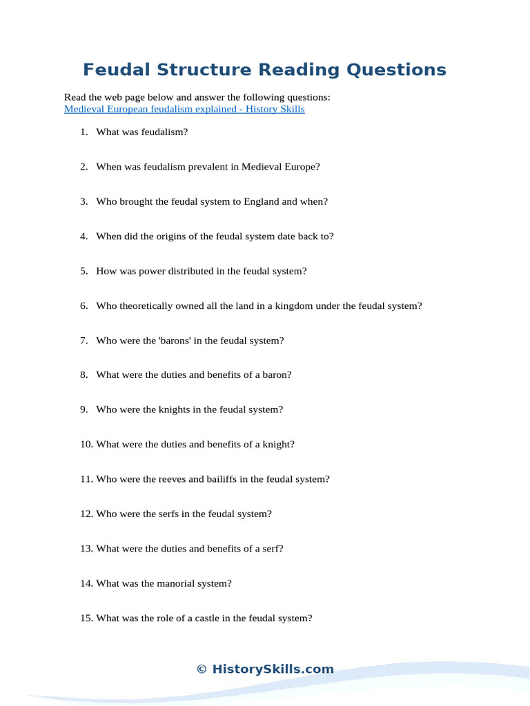 Feudal System Reading Questions | PDF
