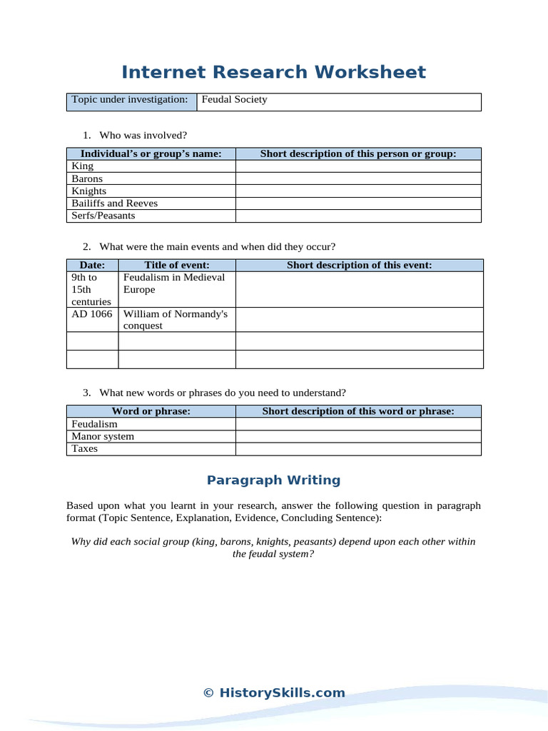 Feudal Society Research Worksheet | PDF