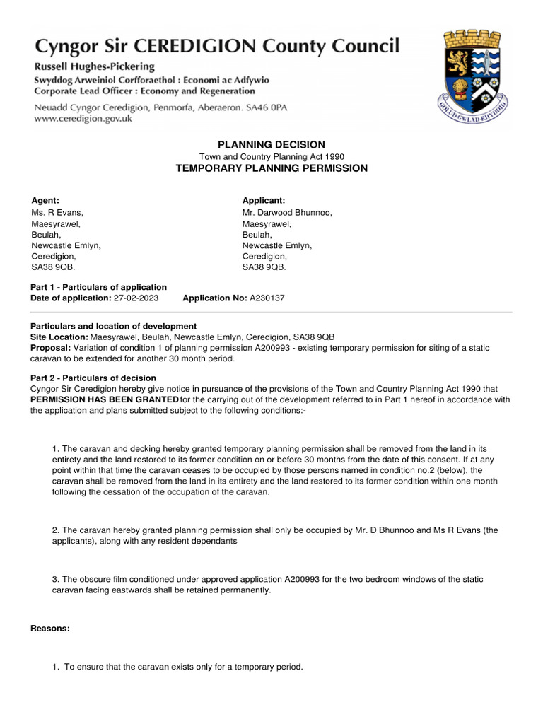 Planning Decision Temporary Planning Permission: Agent: Applicant | PDF