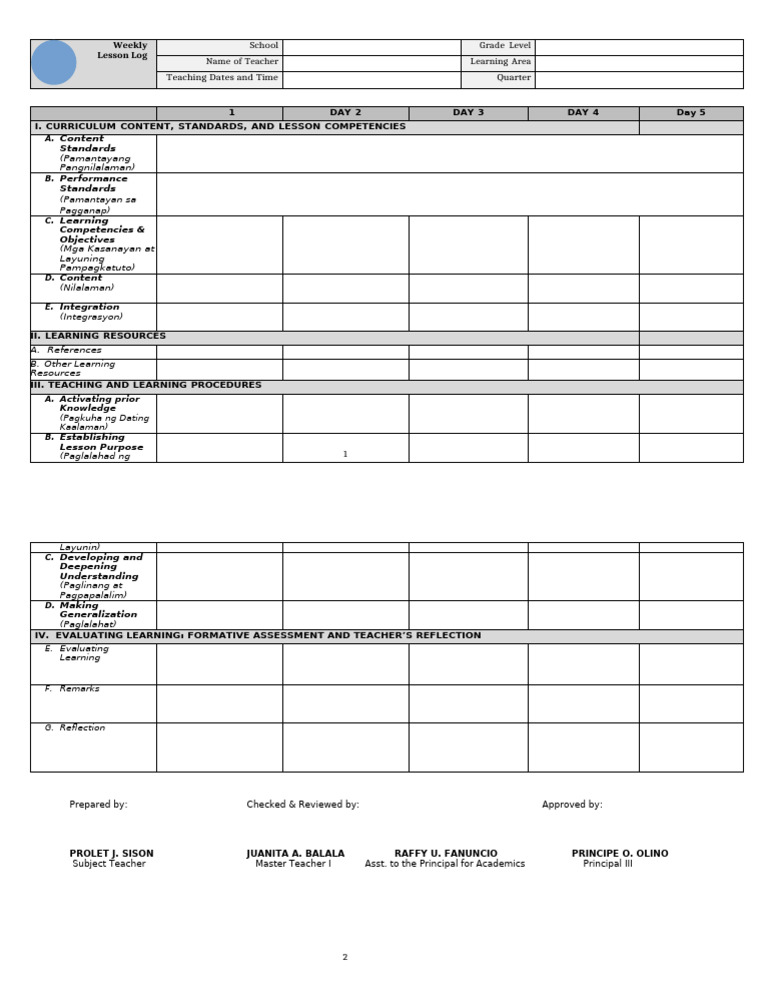 Weekly Lesson Log Template 2024 2025 | PDF