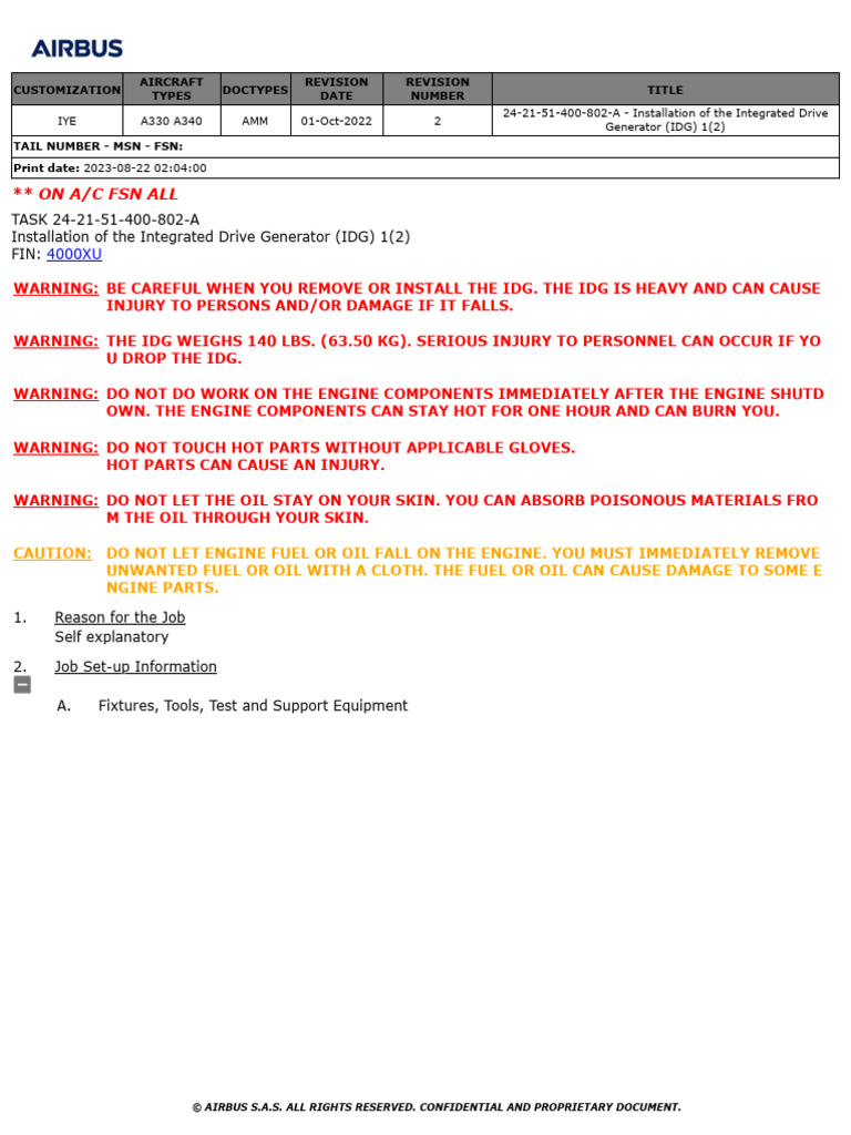 A330 AMM 24-21-51-400-802-A - Installation of The Integrated Drive Generator (IDG) 1 | PDF