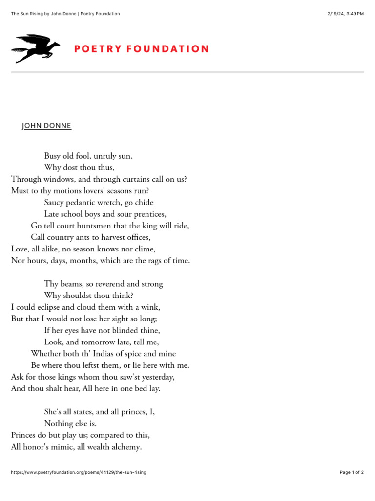 The Sun Rising by John Donne - Poetry Foundation | PDF