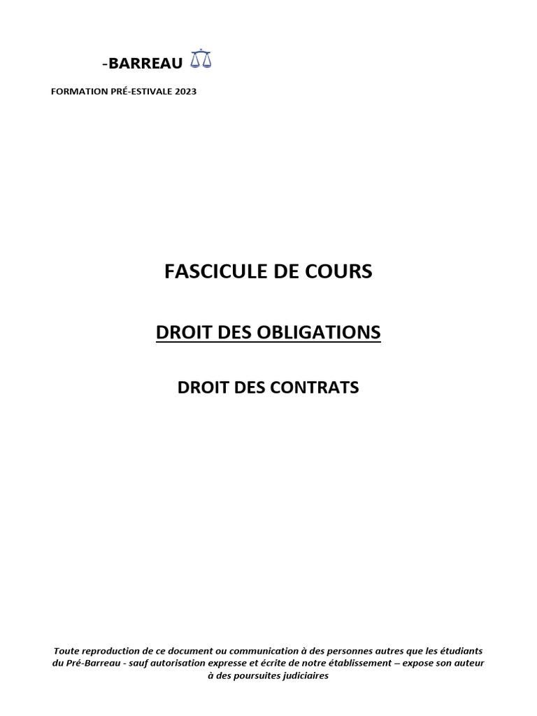 Fascicule de Cours - Droit Des Contrats - PréBarreau (Préparation À L ...
