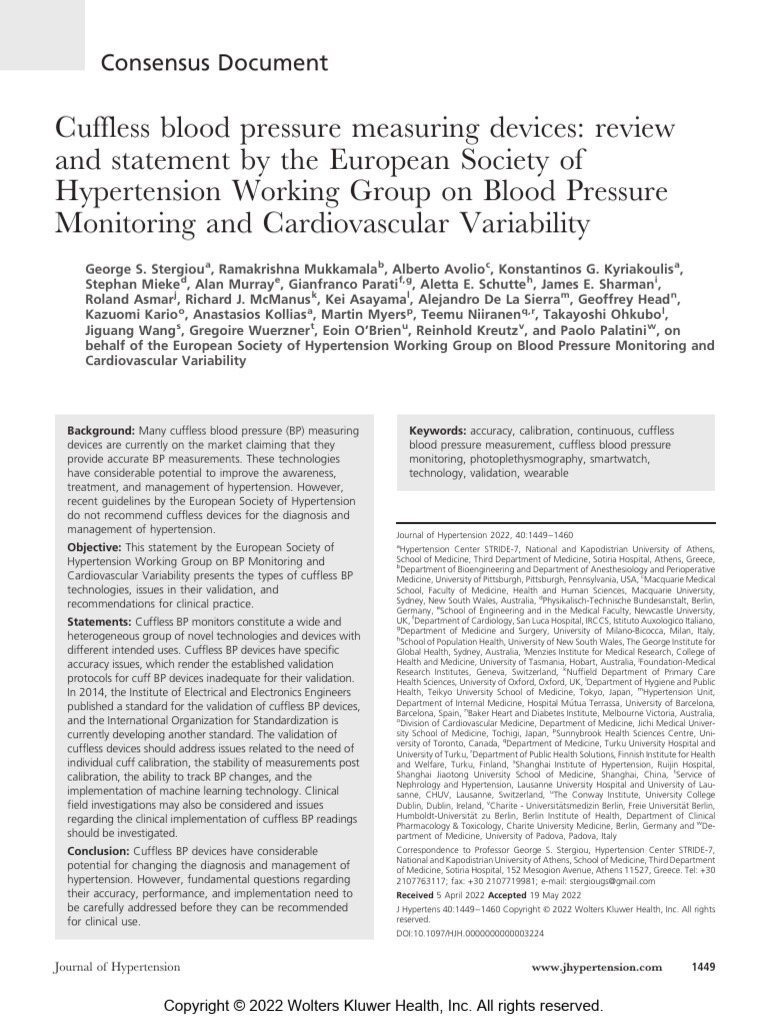 Cuffless Blood Pressure Measuring Devices Review.2 | PDF | Hypertension ...