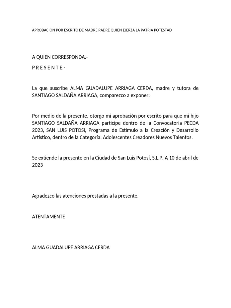 Aprobacion Por Escrito de Madre Padre Quien Ejerza La Patria Potestad | PDF