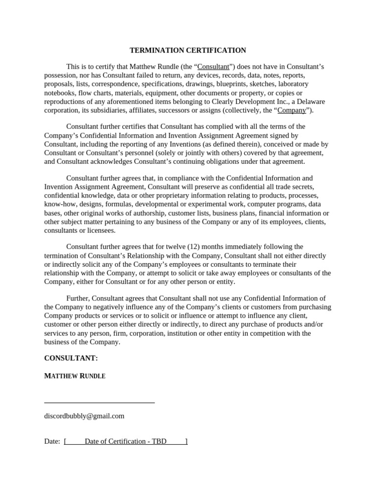 DRAFT - Termination Paperwork - Termination Certification (1318560v1) | PDF