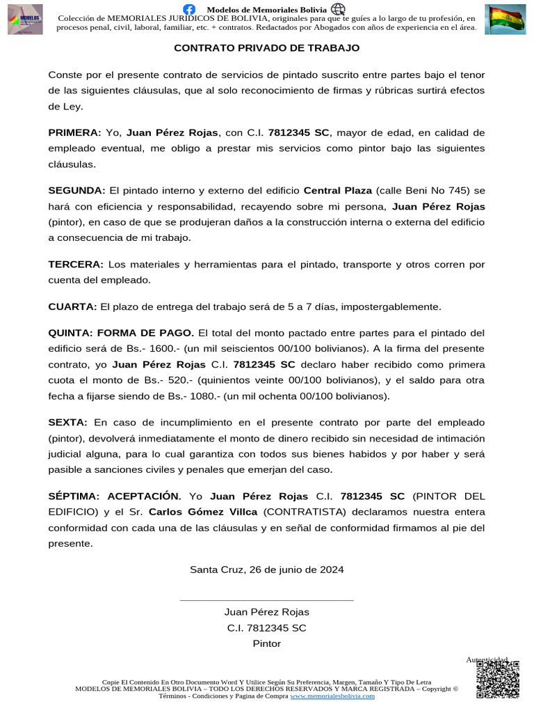 Contrato Privado de Trabajo | PDF