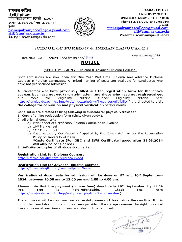 Notice SPOT Admissions For Diploma & Adv. Diploma 2024-25 | PDF