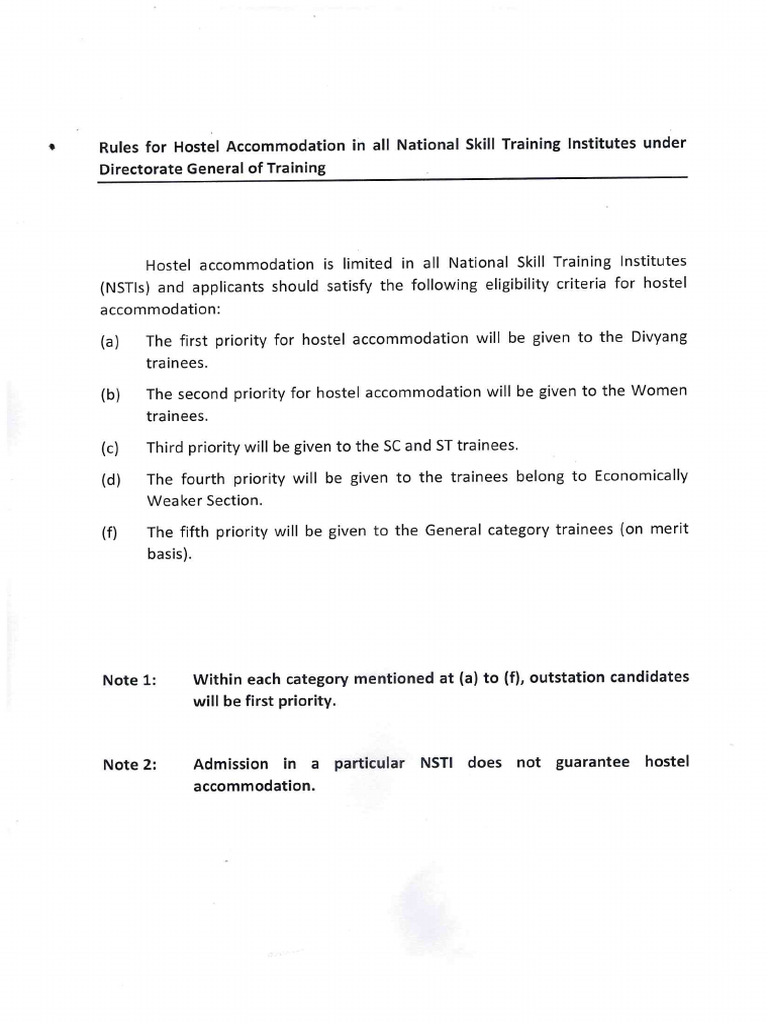 Rules For Hostel in NSTIs | PDF