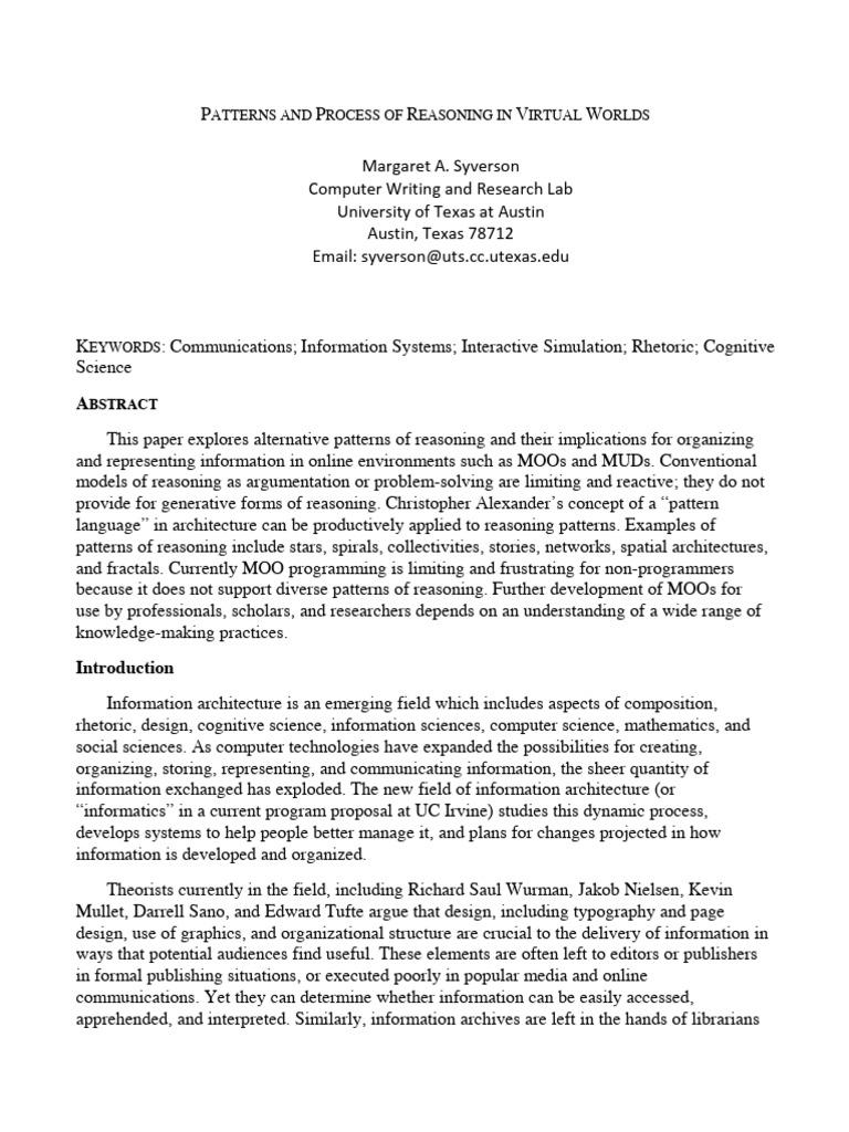 Patterns and Process of Reasoning in Virtual Worlds Paper | PDF