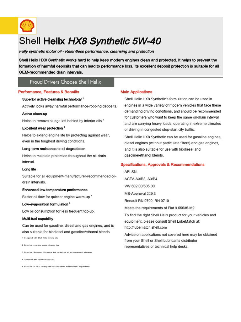 Shell Helix HX8 Synthetic 5W-40 Technical Data Sheet | PDF