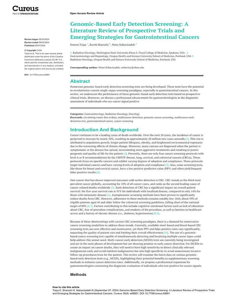 Genomic-Based Early Detection Screening: A Literature Review of ...