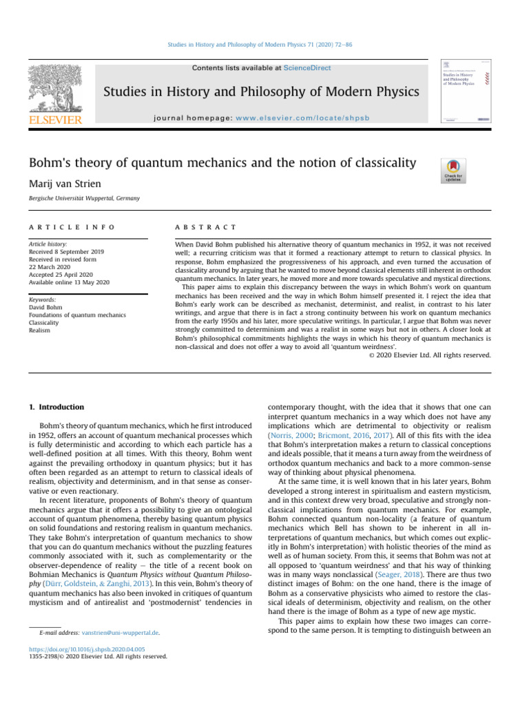 Bohm S Theory of Quantum Me 2020 Studies in History and Philosophy of ...