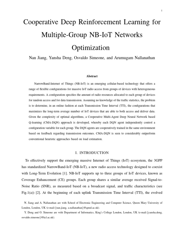 Cooperative Deep Reinforcement Learning For Multiple-Group Nb-Iot Networks Optimization | PDF