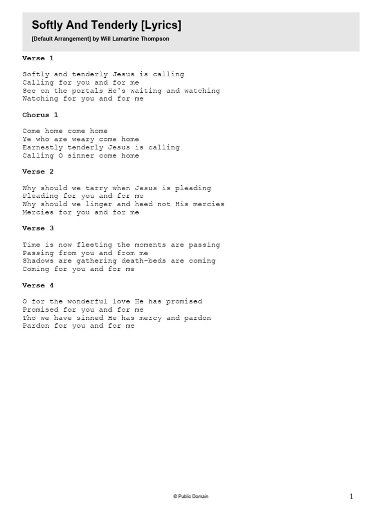 Softly and Tenderly - Lyrics | PDF