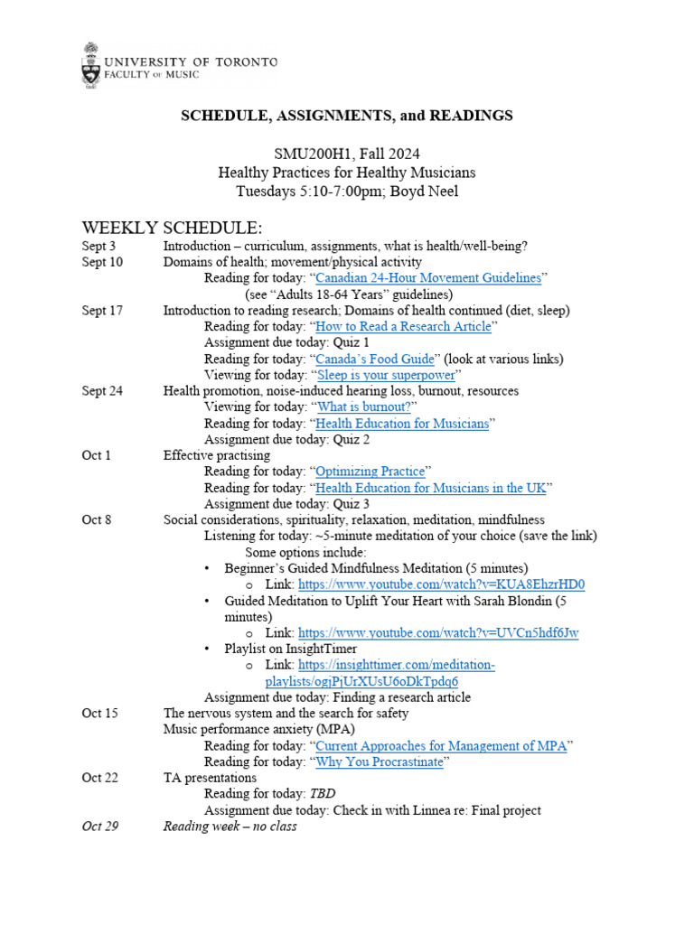 SMU200 Fall 2024 Schedule and Readings | PDF | Meditation | Psychology
