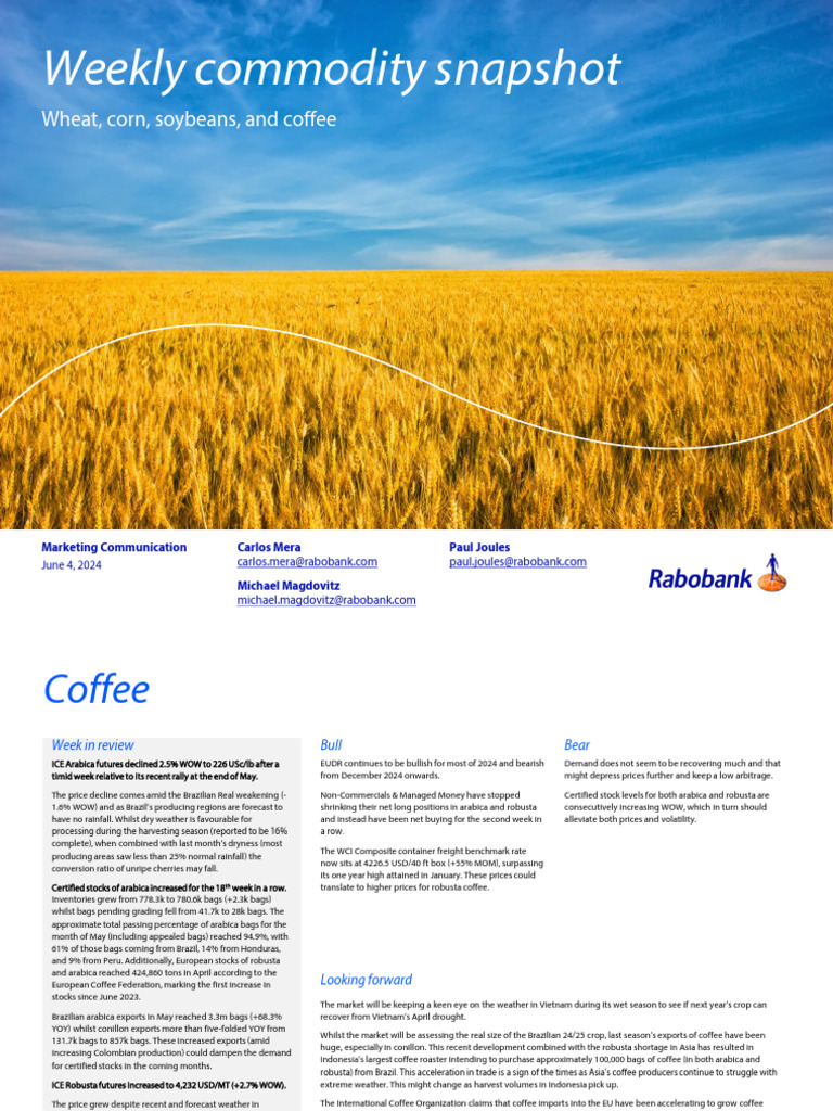 Rabobank Weekly-Commodity-Snapshot Mera 4june2024 | PDF | Coffee | Market Trend