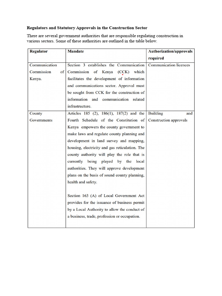 Regulators and Statutory Approvals in the Construction Sector | PDF