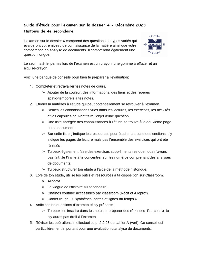 Guide D'étude Pour L'examen Sur Le Dossier 4 | PDF