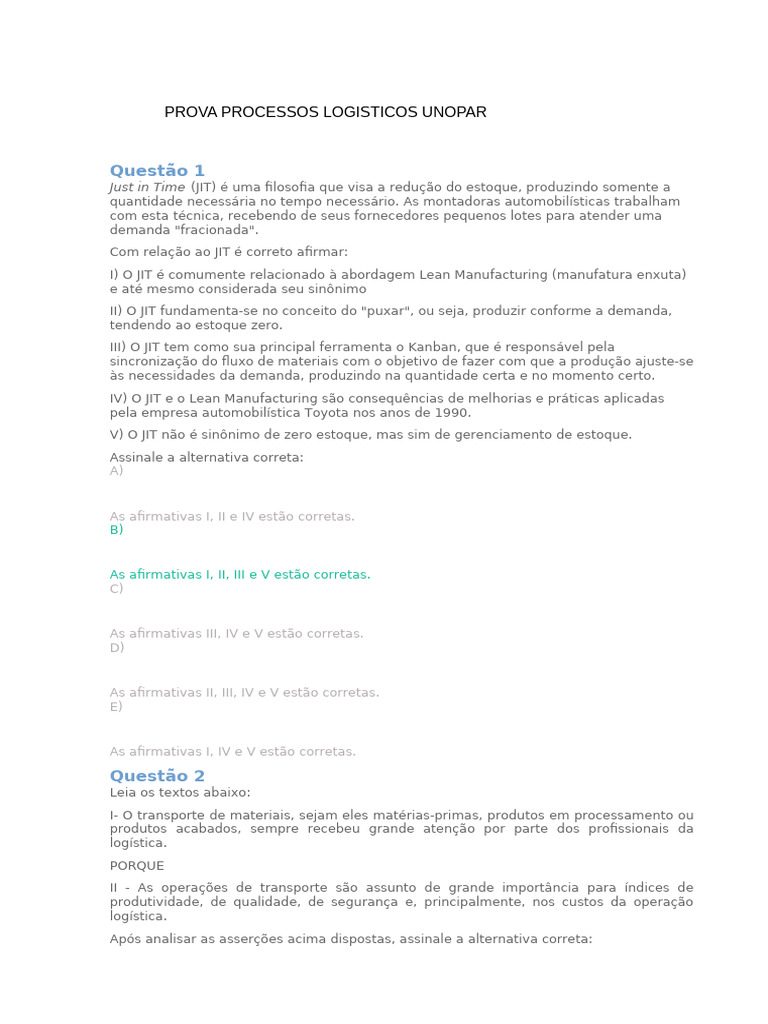 Prova Processos Logisticos Unopar | PDF