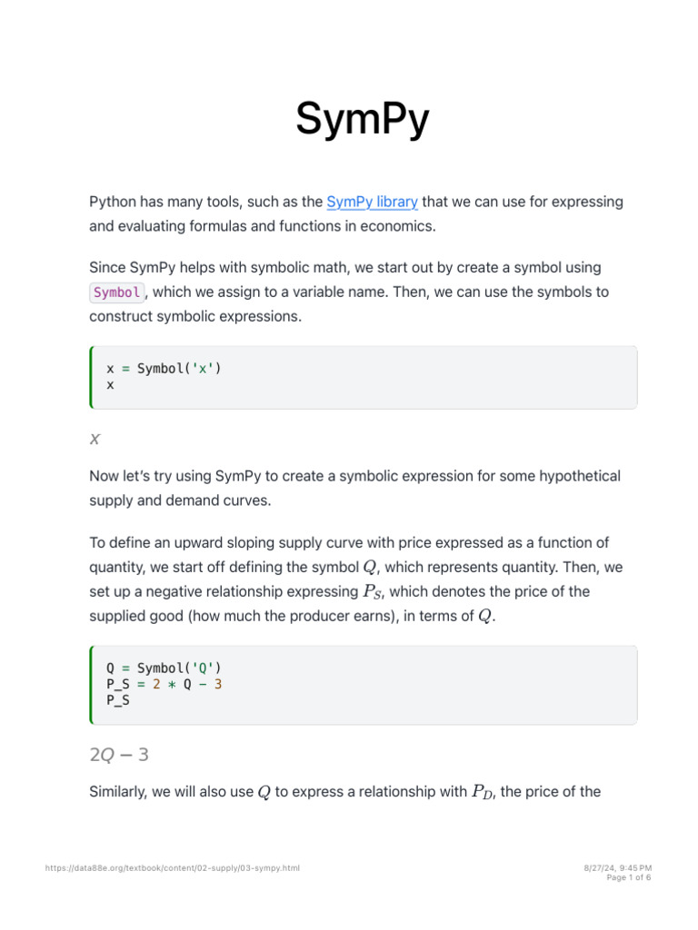 SymPy - Data 88E - Economic Models Textbook | PDF