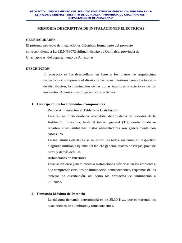 Memoria Descriptiva de Instalaciones Electricas | PDF