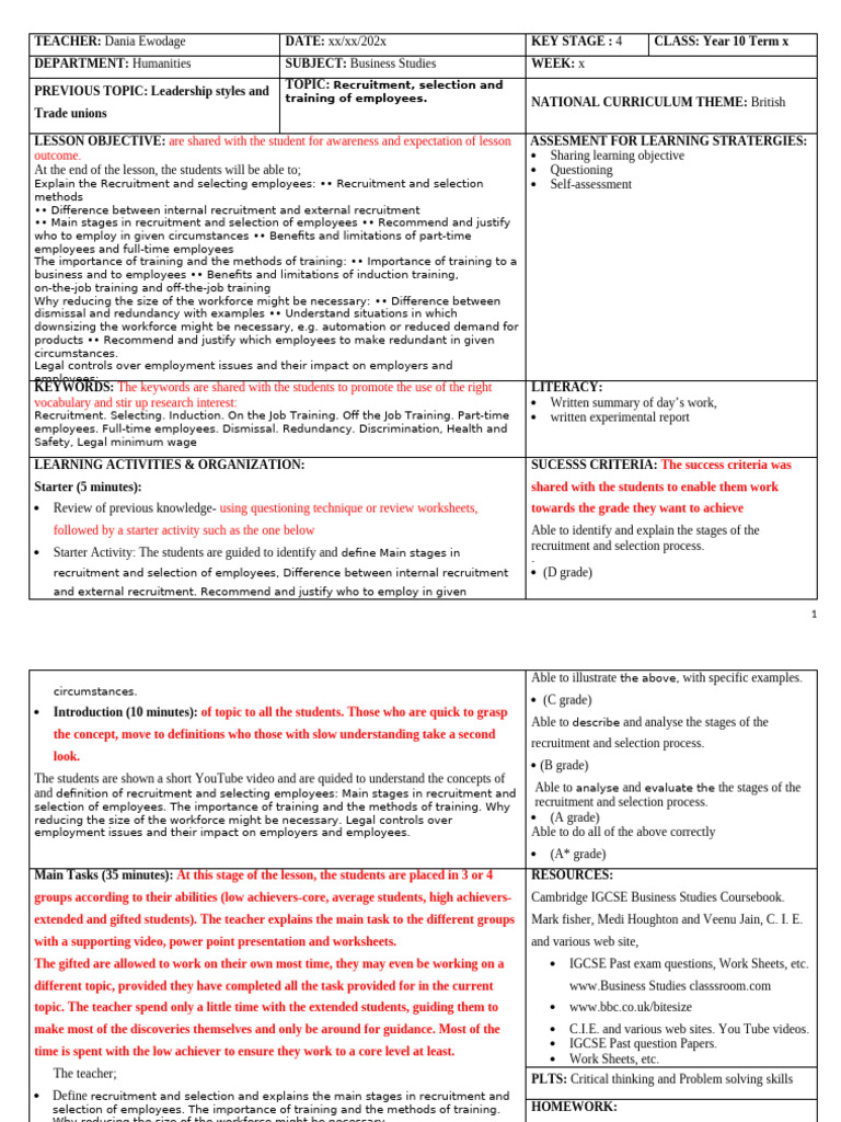 Recruitment and Selection in Business Studies | PDF | Recruitment ...