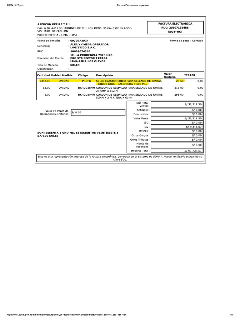 Factura Alfa y Omega Operador Logistico SAC 09.09.2024 | PDF